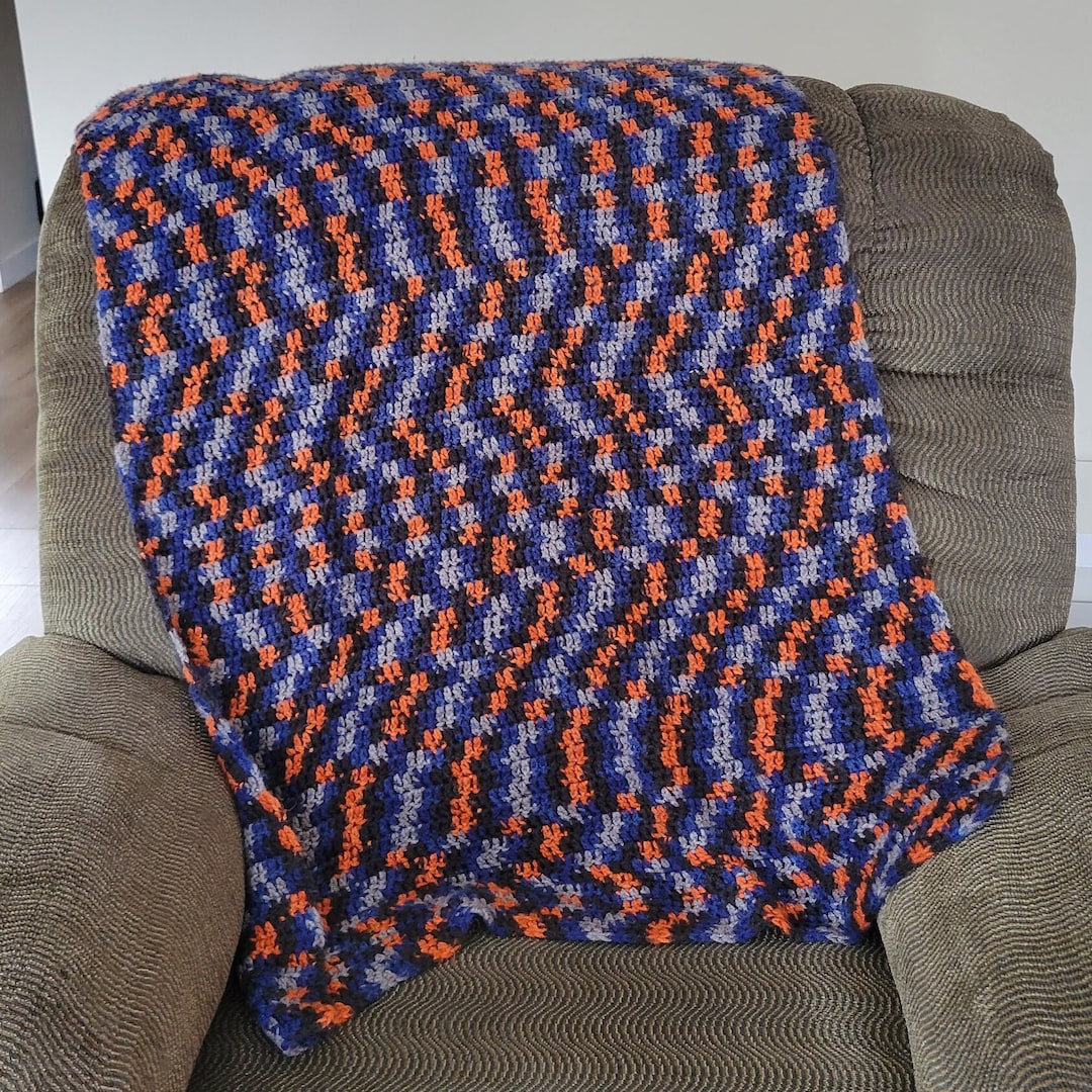 Blue and Orange Afghan Throw Blanket, Vintage Handmade, Crochet, Knit ...