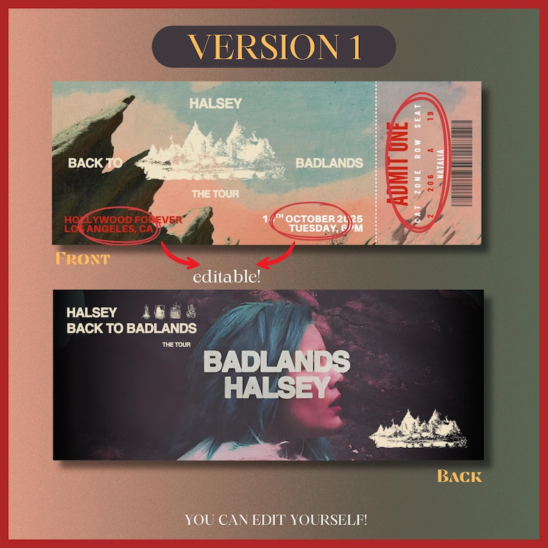 Editable Halsey Concert Ticket Template | Back to Badlands Tour 2025 ...