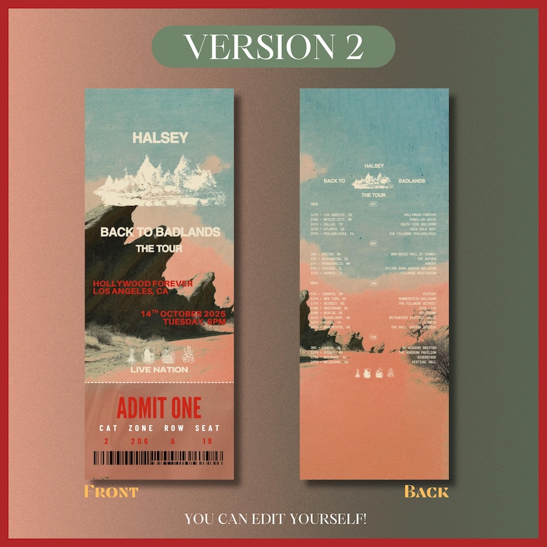 Editable Halsey Concert Ticket Template | Back to Badlands Tour 2025 ...