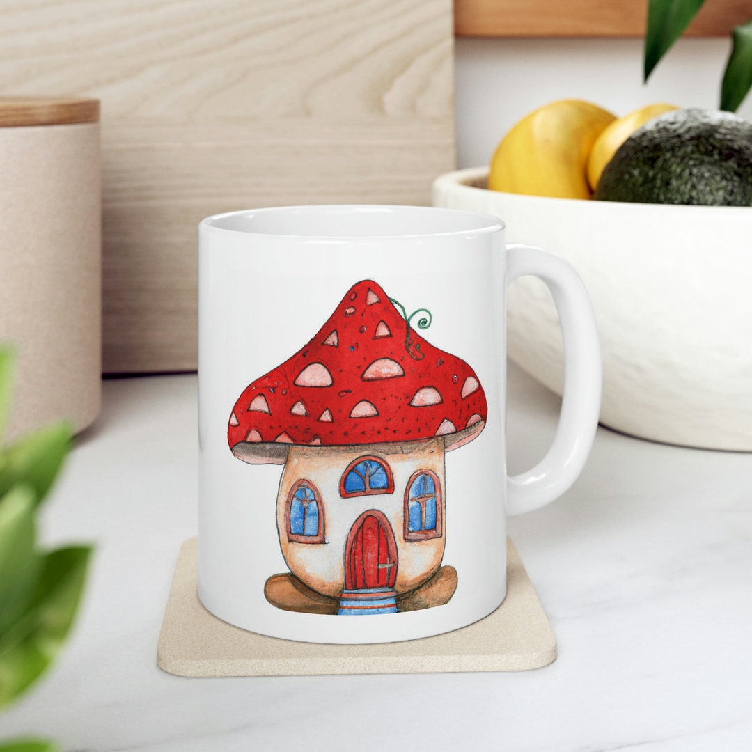 Cottagecore Toadstool Mushroom House White Ceramic Mug 11oz, Mug With ...