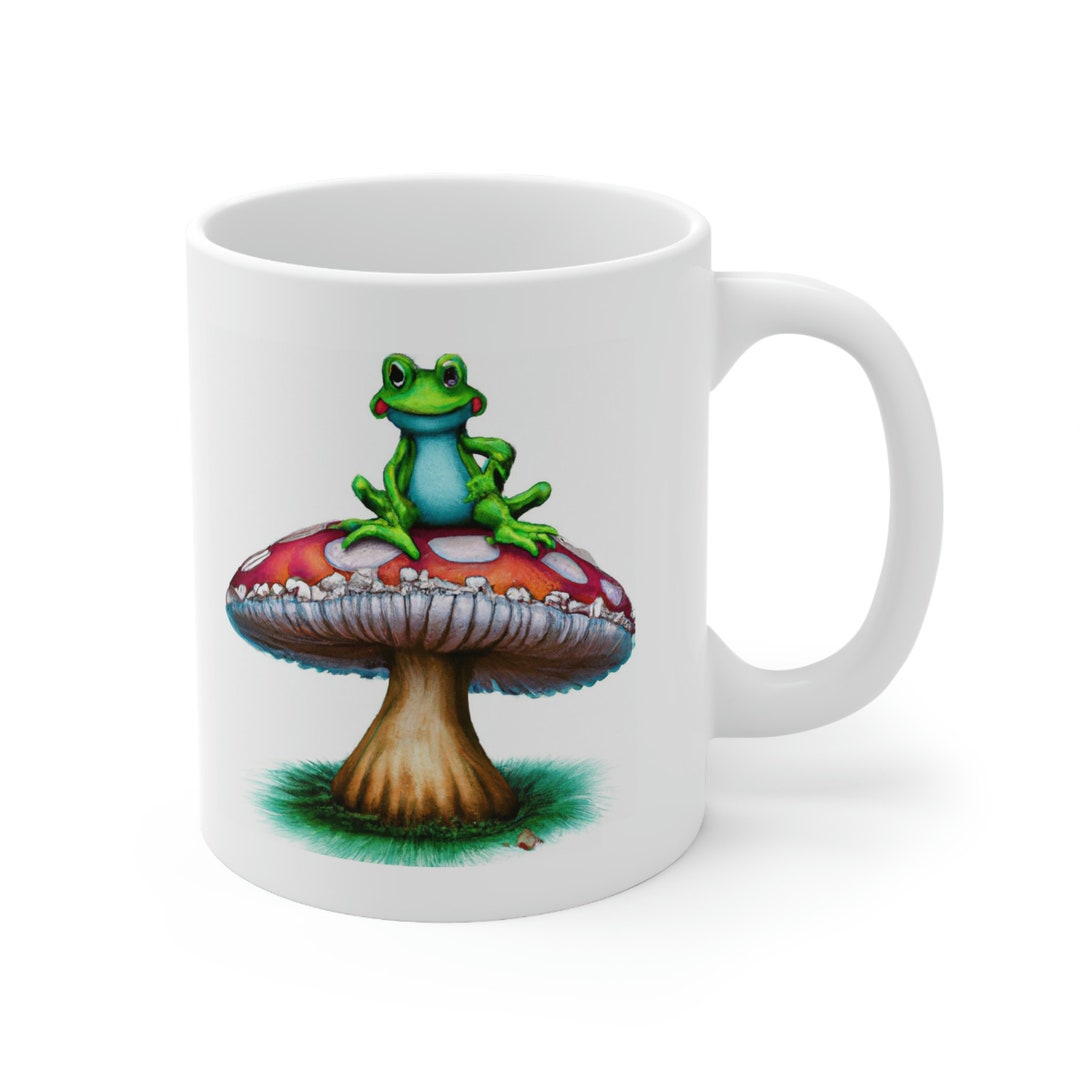 Cute Green Frog on Toadstool Mushroom White Ceramic Mug 11oz, Cute ...