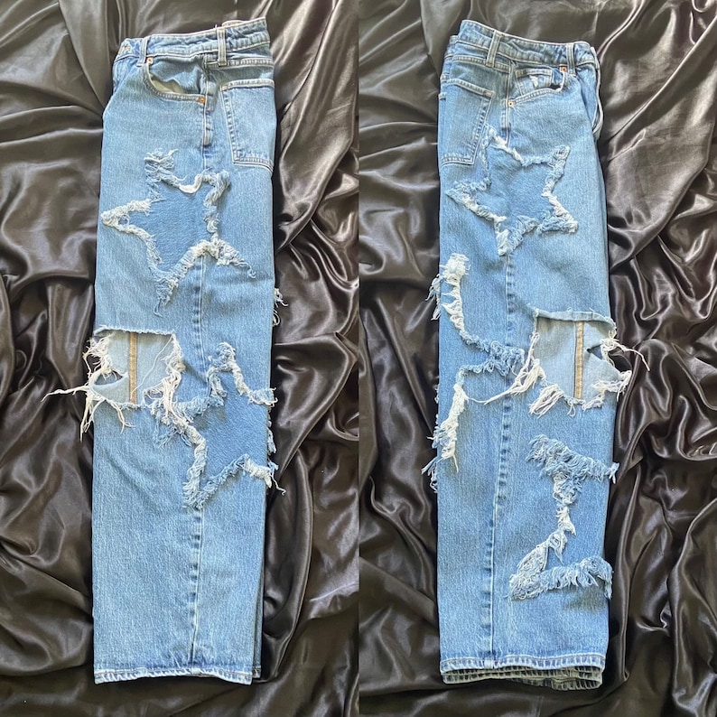 High Rise Jeans Ripped Jeans Star Patch Jeans Custom Jeans Upcycled ...