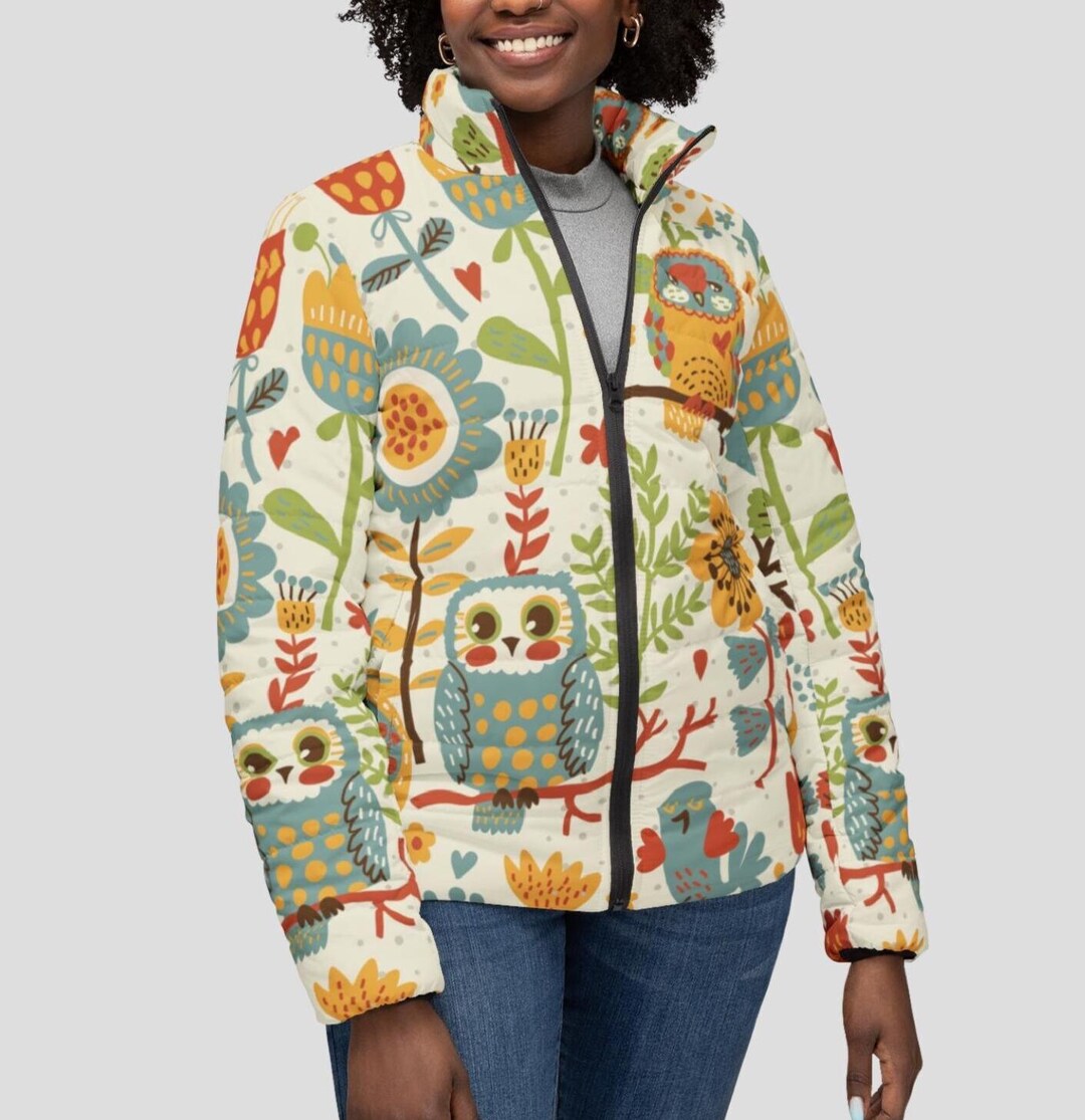 Funky Owl Floral Puffer Jacket: Water-resistant Women's Winter ...