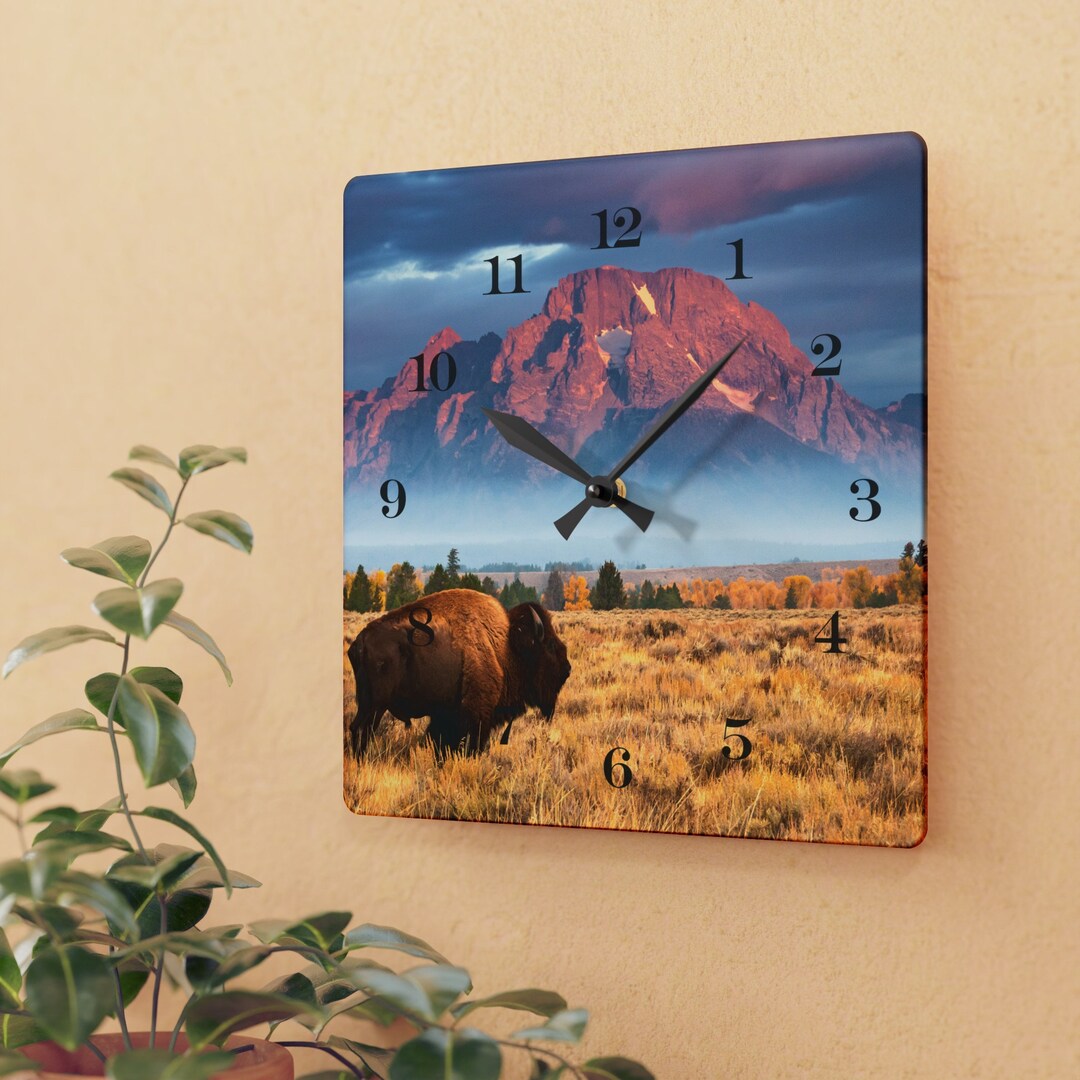 Mountains Bison Cabin Wall Clock, Clock for Den, Mountain Hiker Wall ...