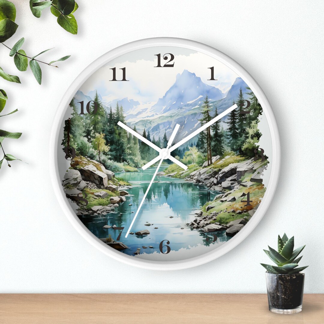 Mountain Cabin Wall Clock, River Scene Clock, Rustic Mountains Clock ...