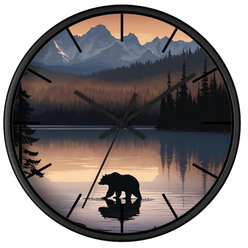 Bear Wall Clock - Rustic Cabin Decor, Woodland Nursery, Mountain River ...