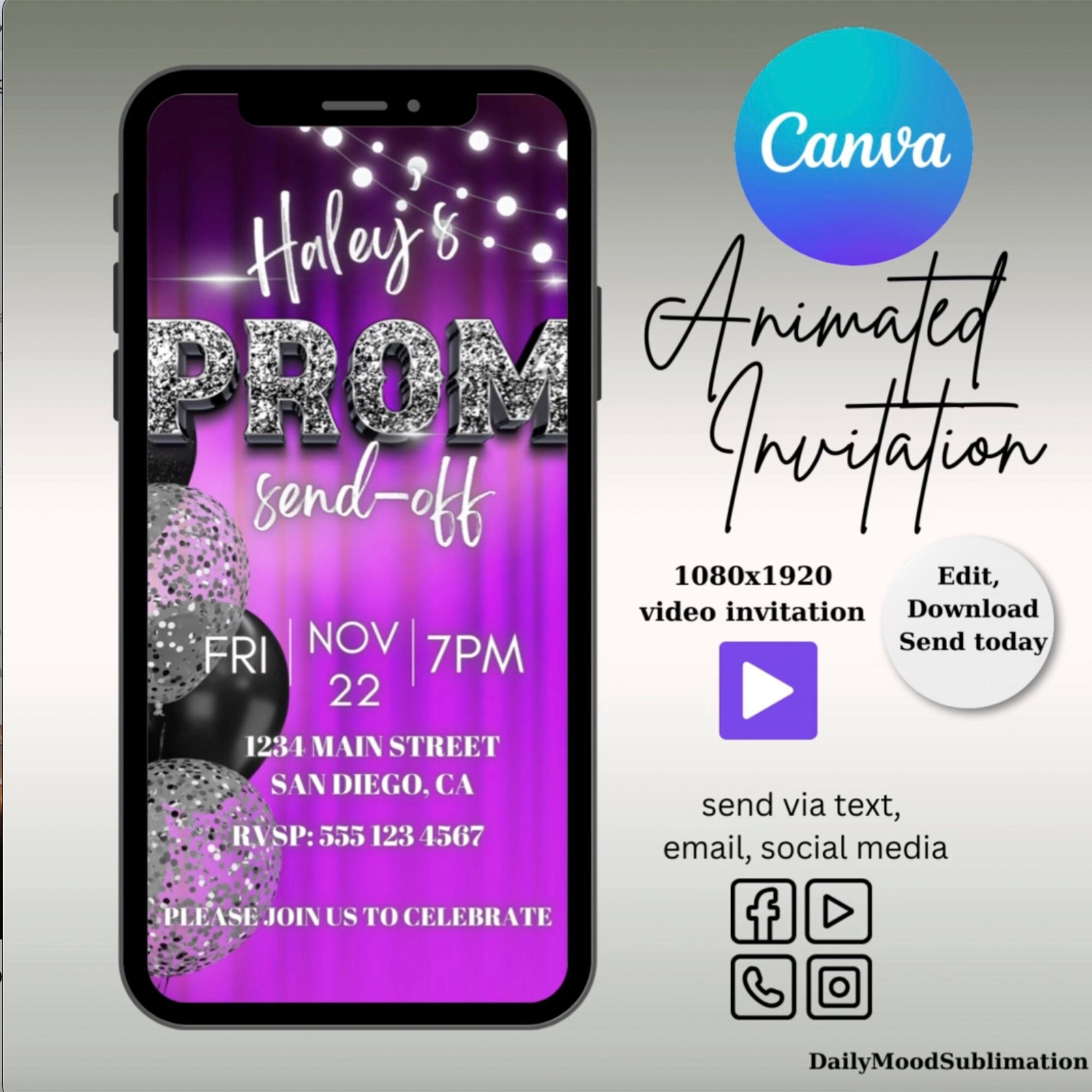 Animated Prom Invitation, Let's Party Editable Digital Prom Invitation ...
