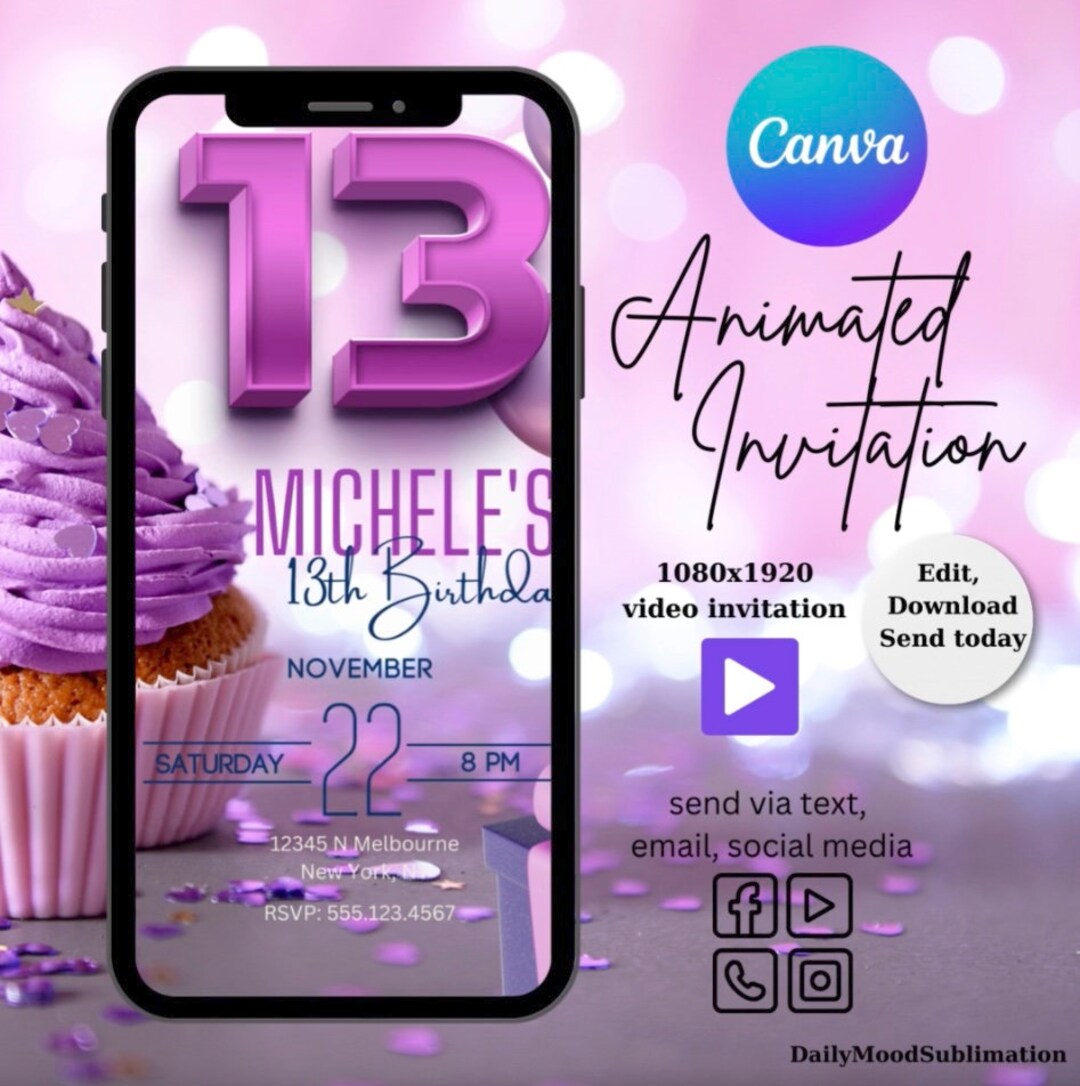 Digital 13th Birthday Invitation, Purple Cupcake Scene Invite, Animated ...