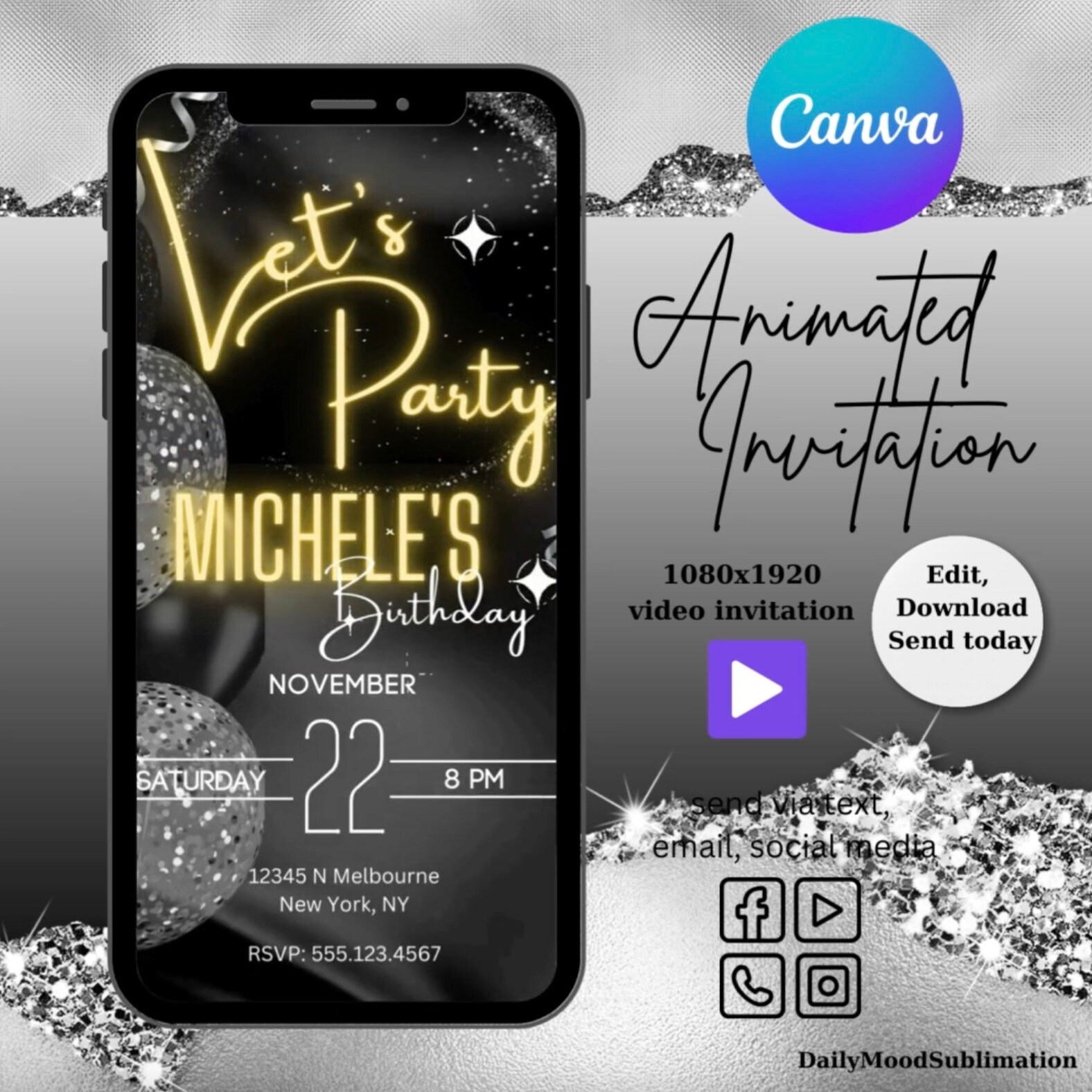 Animated Birthday Digital Invitation, Let's Party Editable Birthday ...