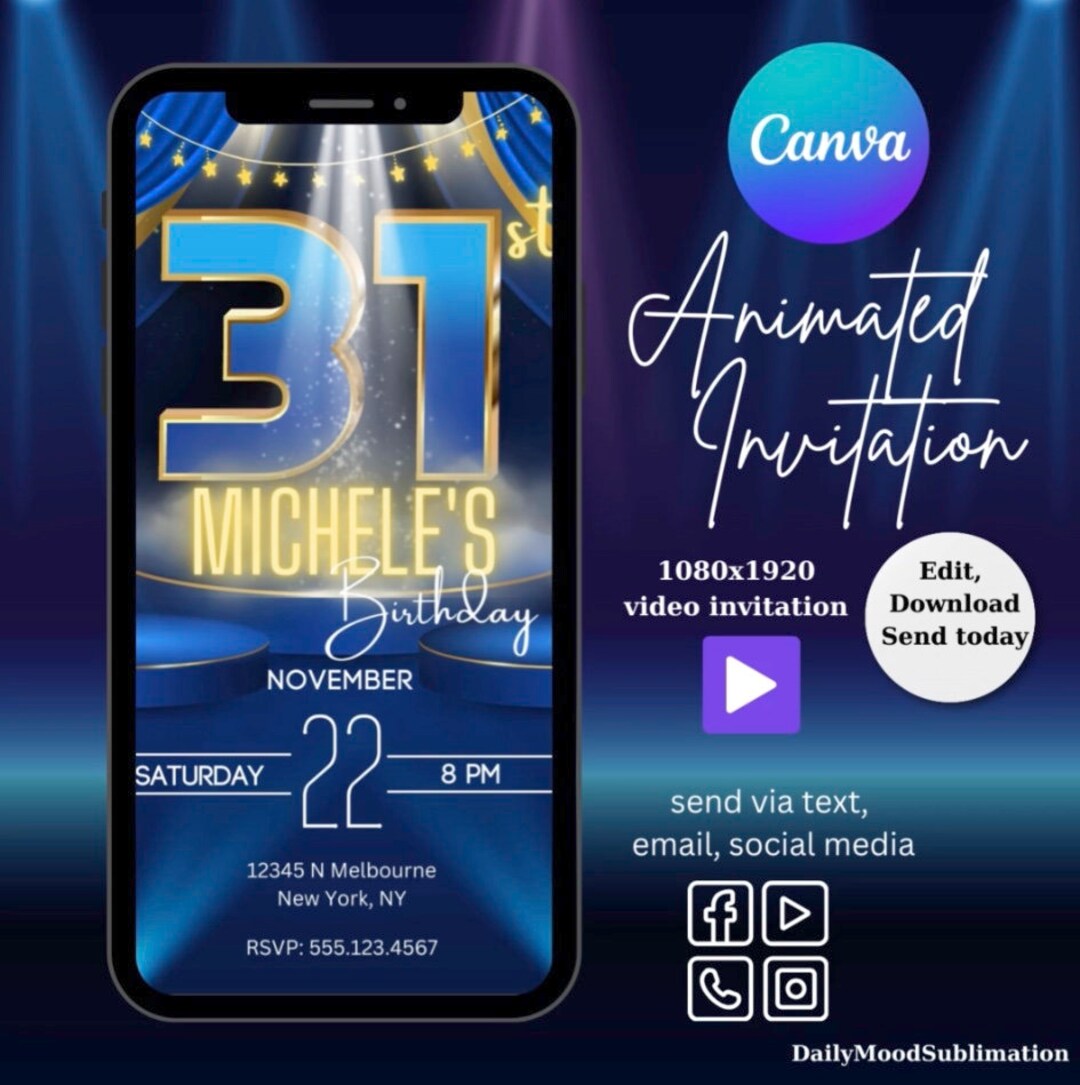 Digital 31st Birthday Invitation, Electronic Birthday Evite, Blue Gold ...