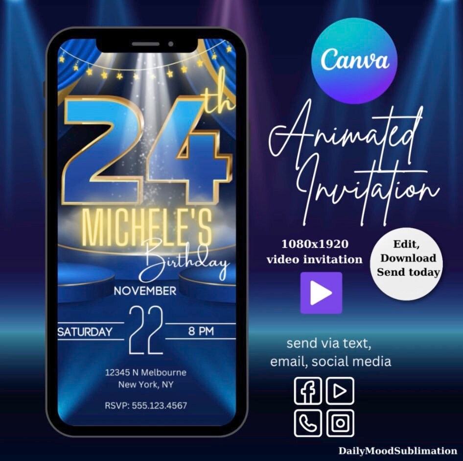 Digital 24th Birthday Invitation, Electronic Birthday Evite, Blue Gold ...