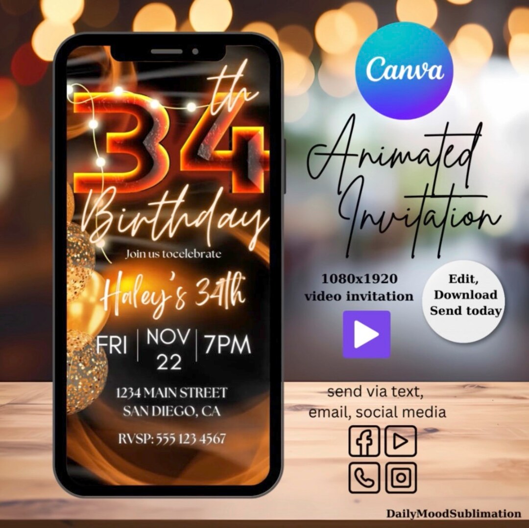Digital 34th Birthday Invitation, Electronic 34th Adult Birthday Invite ...