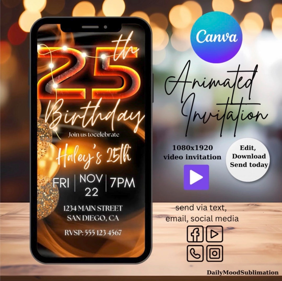 Digital 25th Birthday Invitation, Electronic 25th Birthday Invite ...