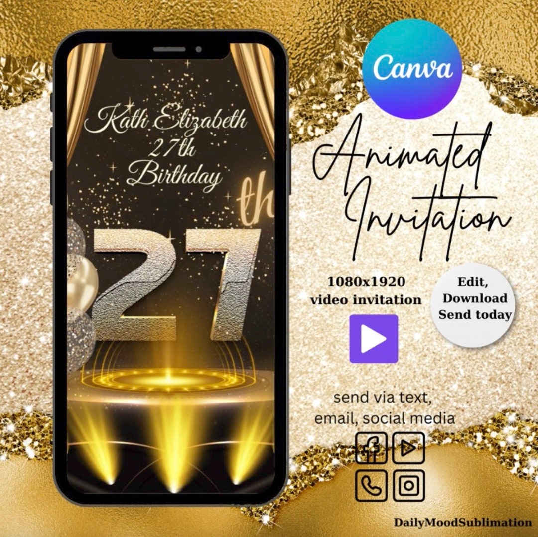Digital 27th Birthday Invitation, Electronic 27th Birthday Evite, Gold ...