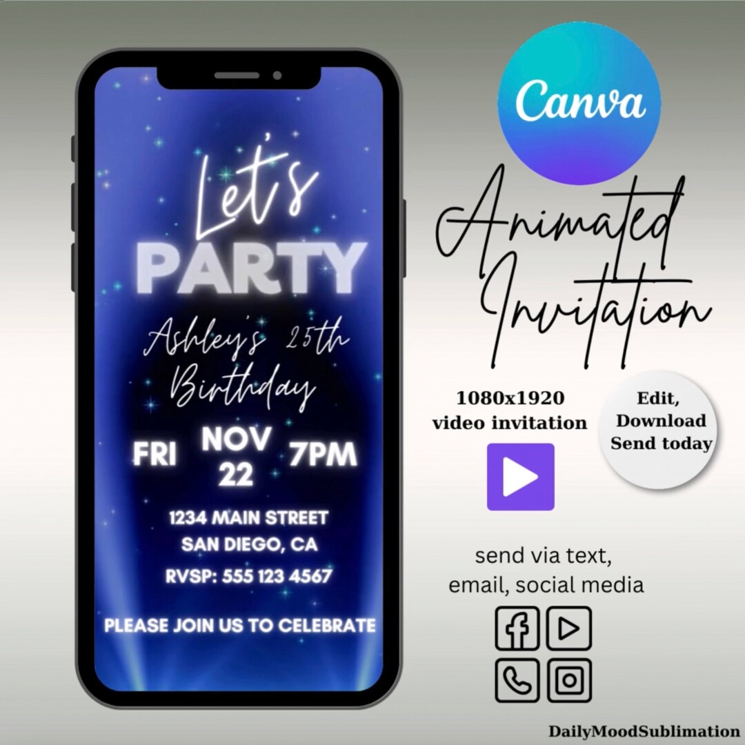 Animated Birthday Digital Invitation, Let's Party Editable Birthday ...