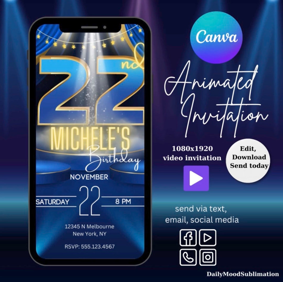 Digital 22nd Birthday Invitation, Electronic Birthday Evite, Blue Gold ...