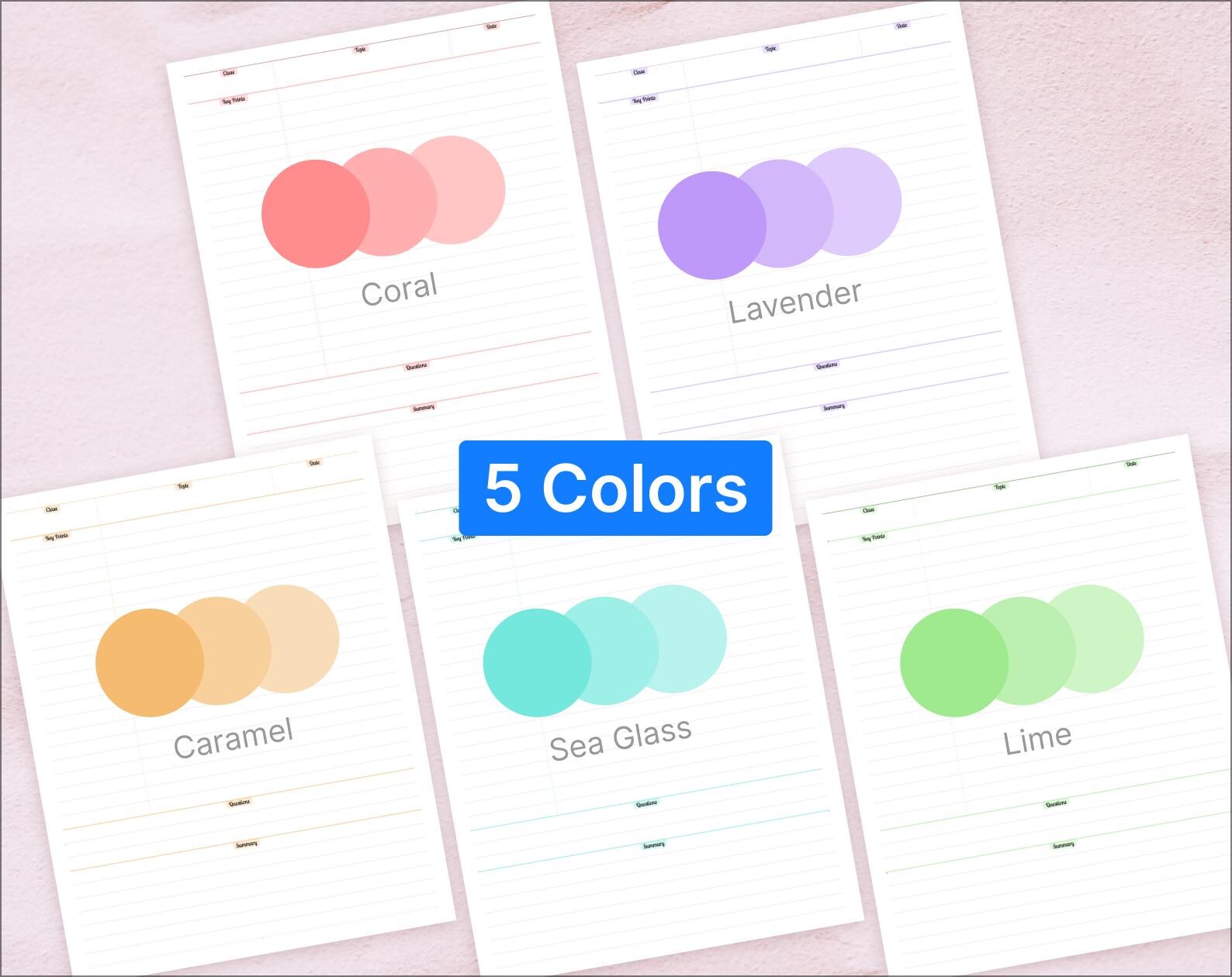 Printable Cornell Notes Template - 60pdfs + 5 Bonus - 5 Pastel Colors ...