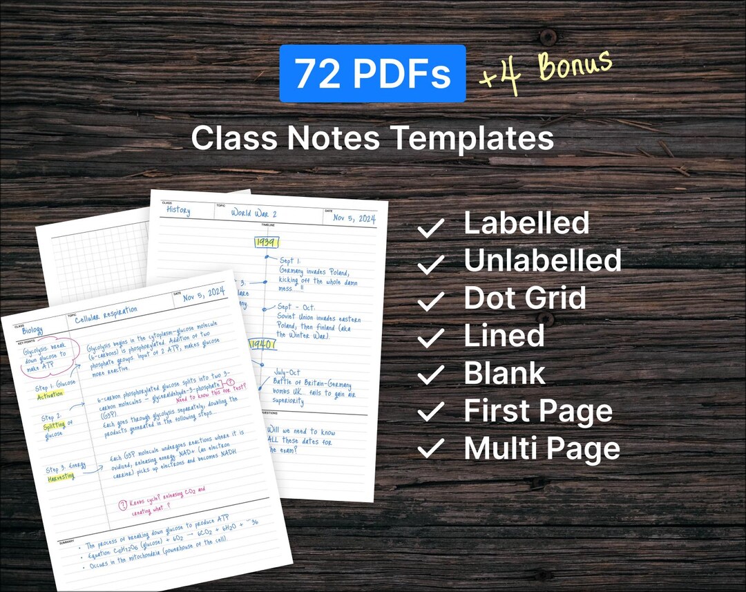 Printable Class Notes Template - 72 Pdfs + 4 Bonus - 12 Layouts, 2 ...