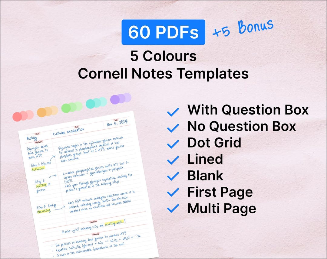 Printable Cornell Notes Template - 60pdfs + 5 Bonus - 5 Pastel Colors ...