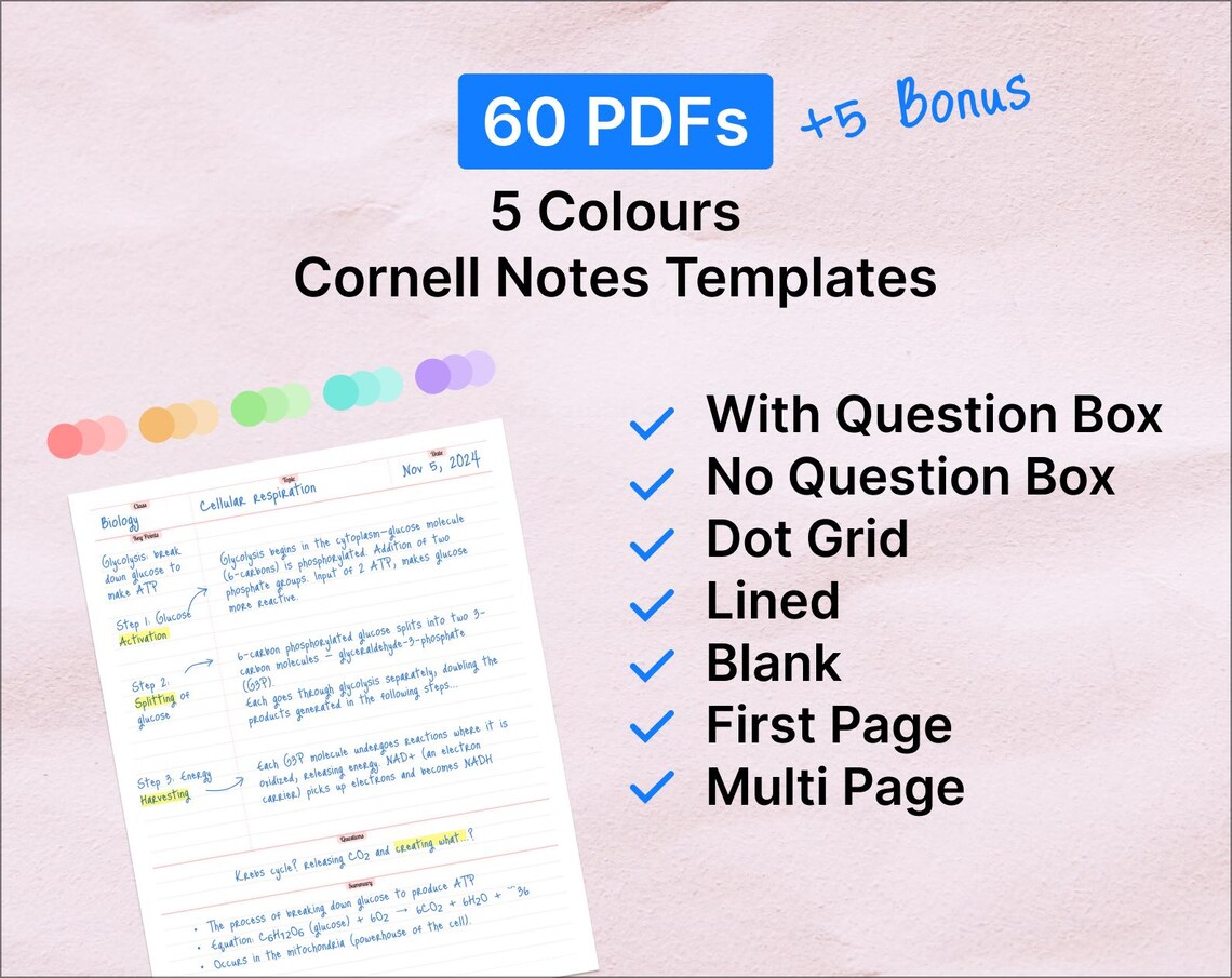 Printable Cornell Notes Template - 60pdfs + 5 Bonus - 5 Pastel Colors ...