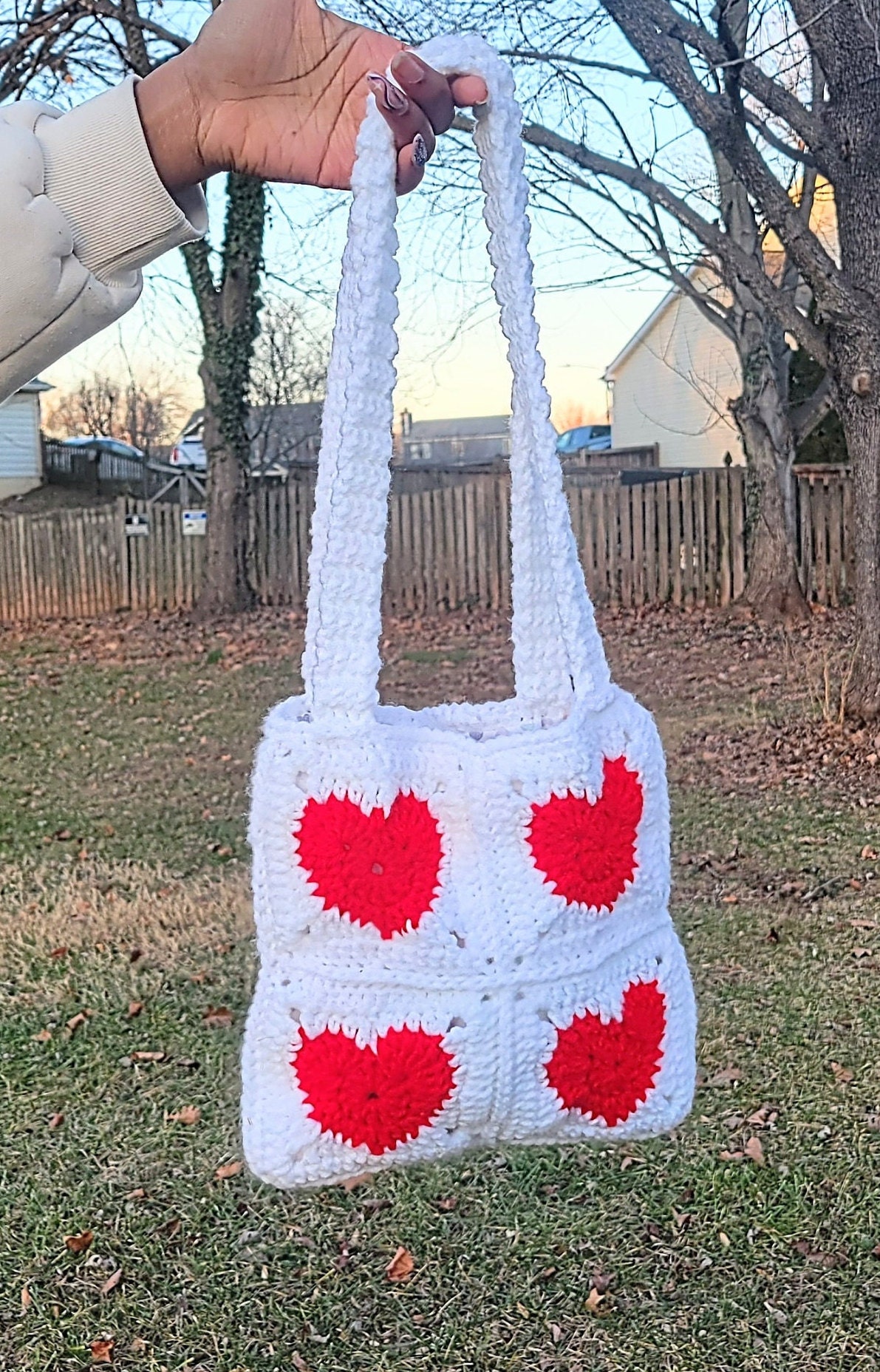 Red Heart Crochet Bag, Handmade Granny Square Shoulder Bag, Y2K Woman's ...