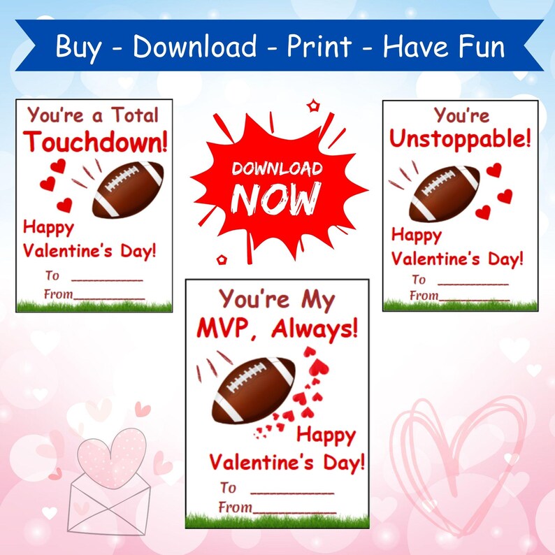 Printable Football Valentine Cards Set, Soccer Cards, Class Valentines ...