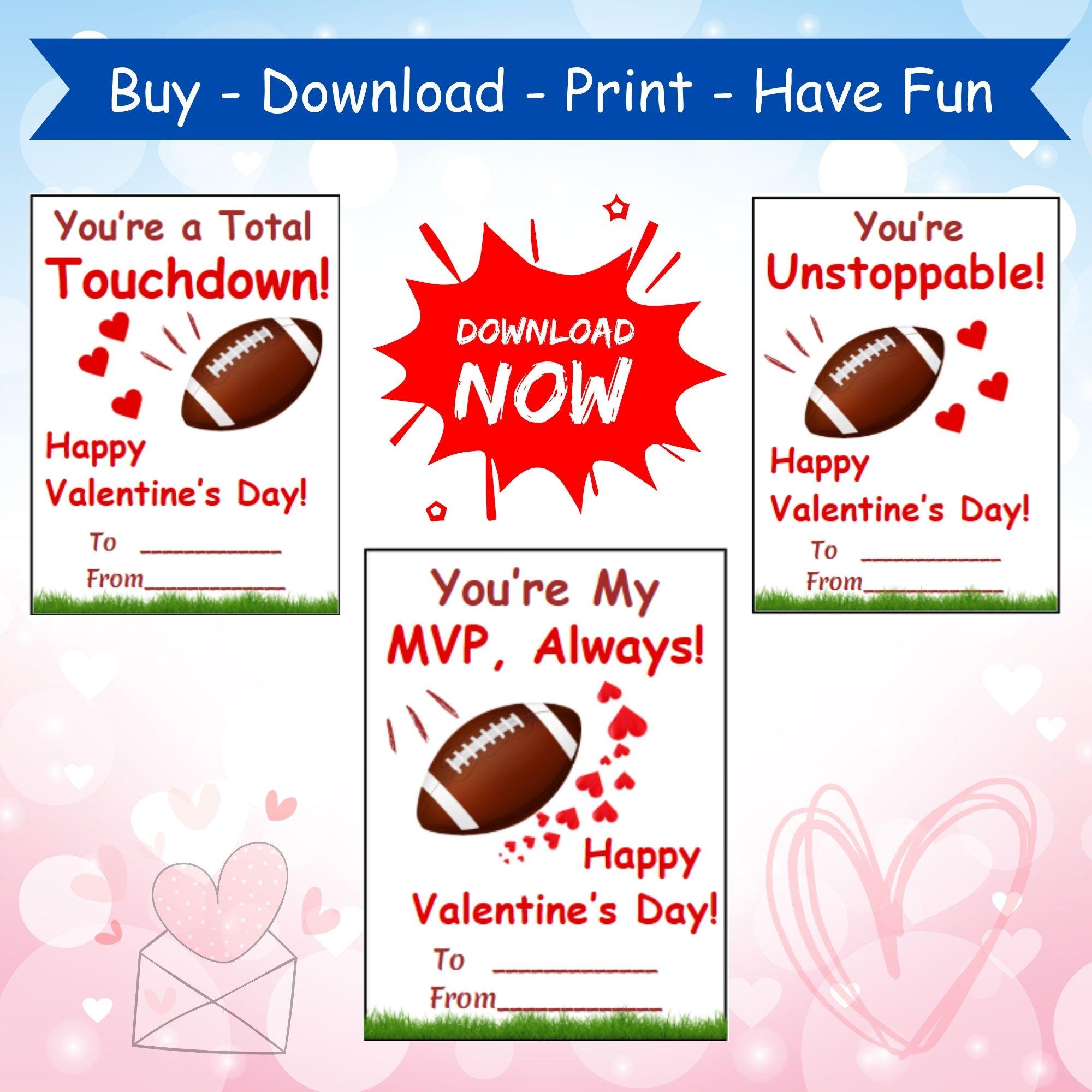 Printable Football Valentine Cards Set, Soccer Cards, Class Valentines ...
