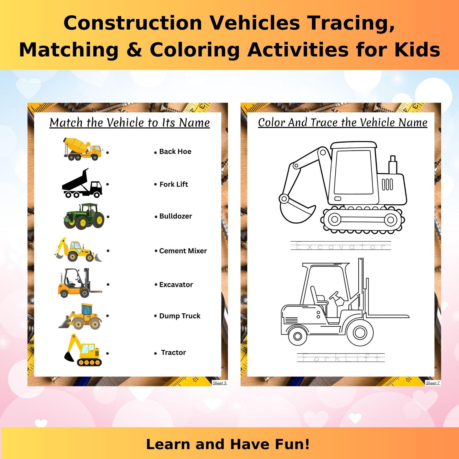 Kindergarten Construction Vehicles Spelling Worksheets | ESL Printable ...