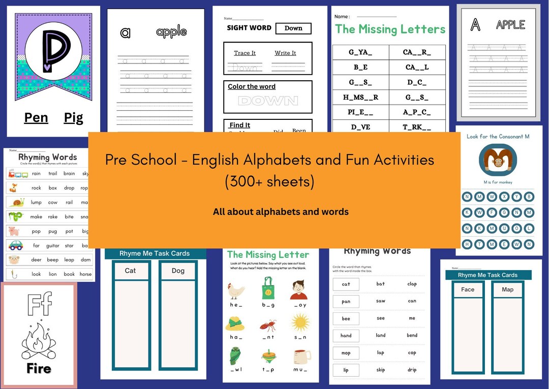 Preschool Learning Worksheets: Alphabet Tracing, Word Search, Rhyming ...