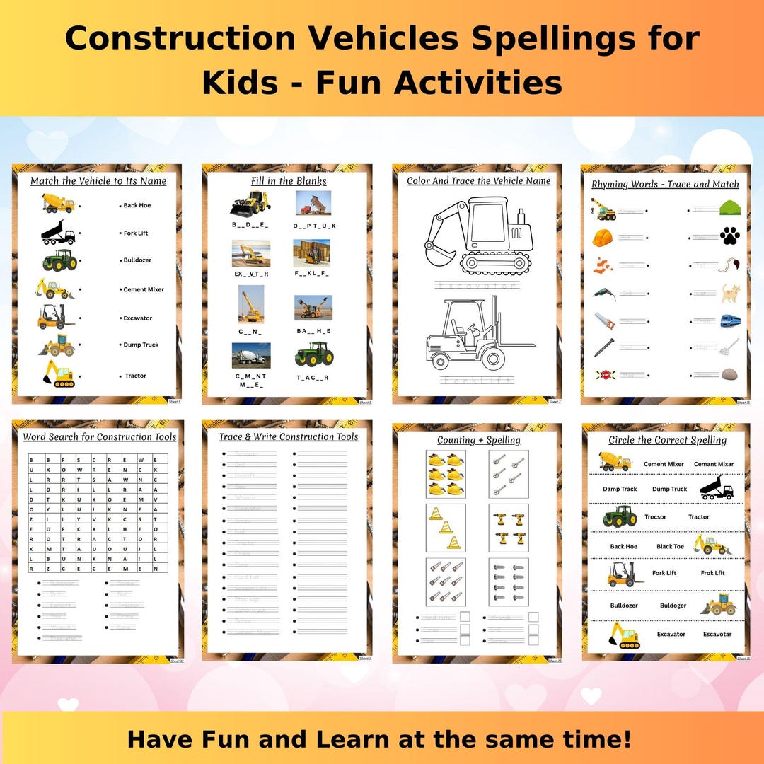Kindergarten Construction Vehicles Spelling Worksheets | ESL Printable ...
