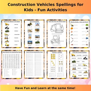 Kindergarten Construction Vehicles Spelling Worksheets | ESL Printable ...