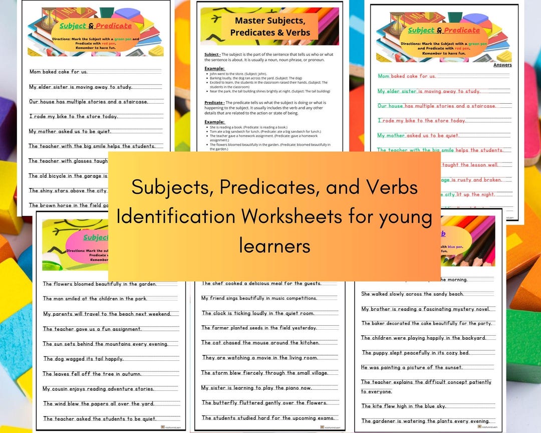 Subjects, Predicates, and Verbs Identification Worksheets for Primary 1 ...
