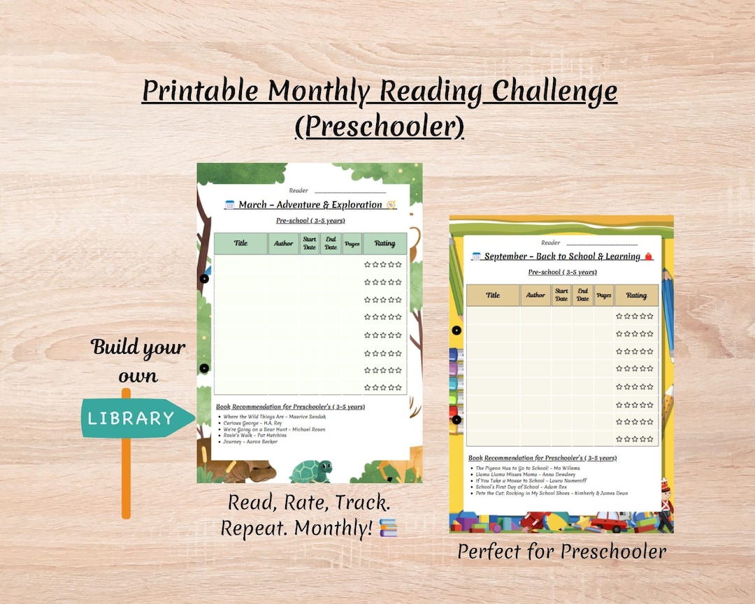 Preschool Kids Monthly Reading Challenge Printable Book Tracker TBR ...
