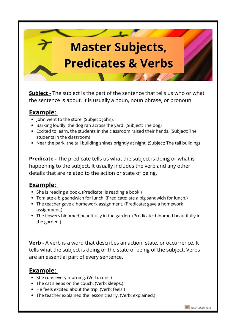 Subjects, Predicates, and Verbs Identification Worksheets for Primary 1 ...