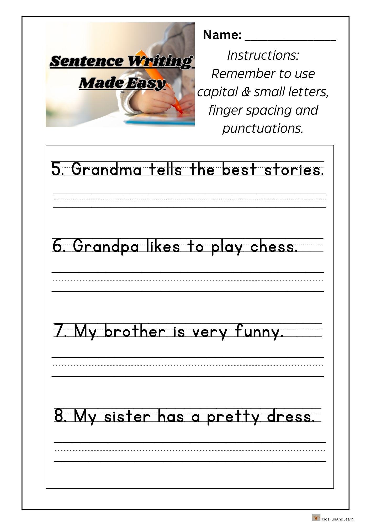 15 Printable Sentence Writing Worksheets. Kindergarten and 1st-2nd ...