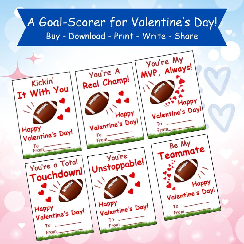 Printable Football Valentine Cards Set, Soccer Cards, Class Valentines ...
