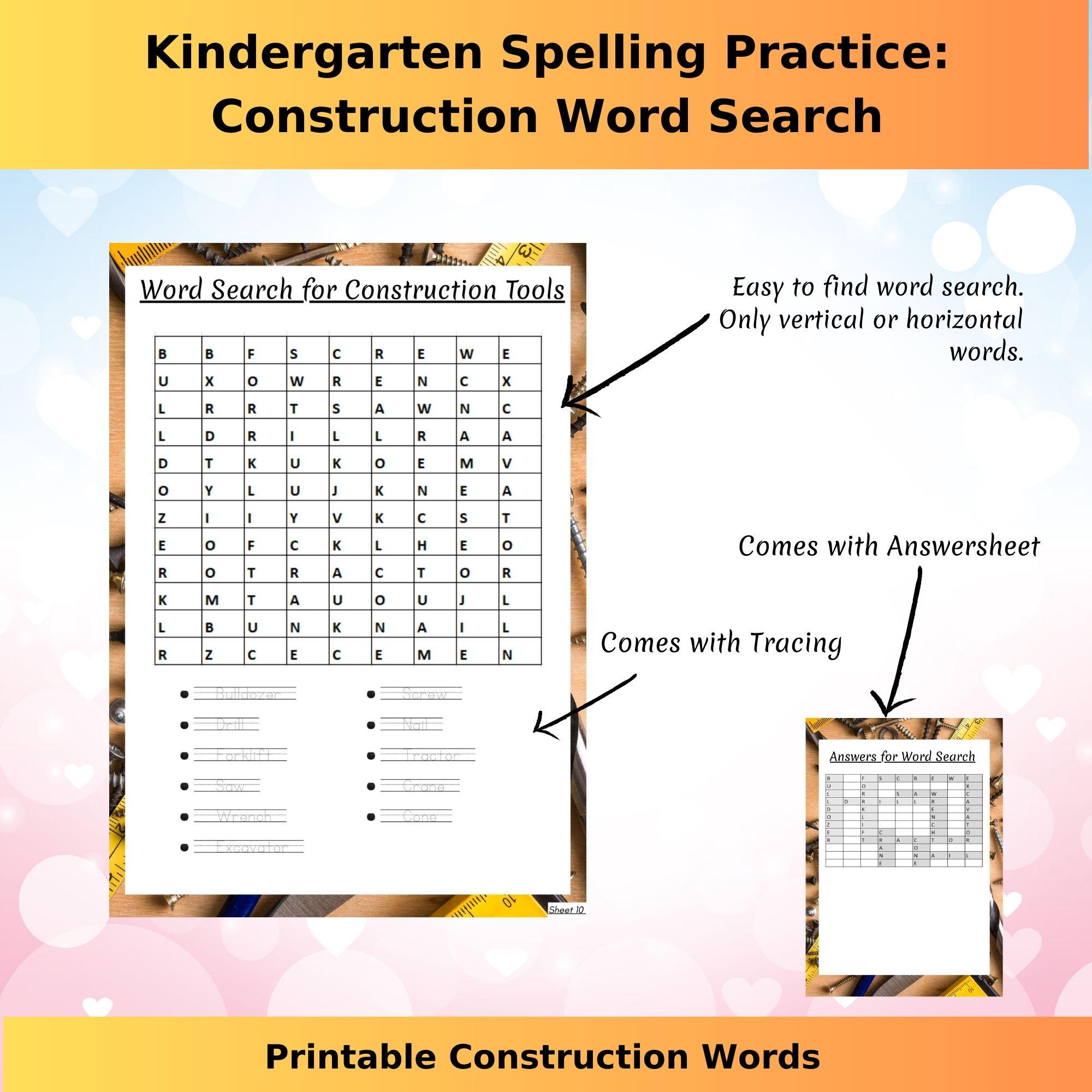 Kindergarten Construction Vehicles Spelling Worksheets | ESL Printable ...