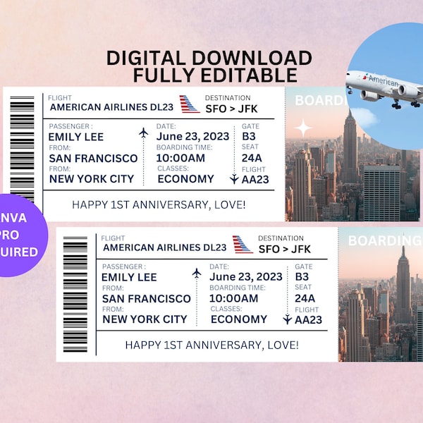 American Airlines Ticket Template - Etsy