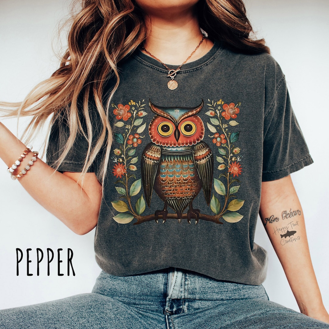 Boho Owl Comfort Colors Tee, Cottagecore Aesthetics Owl Shirt, Bird ...