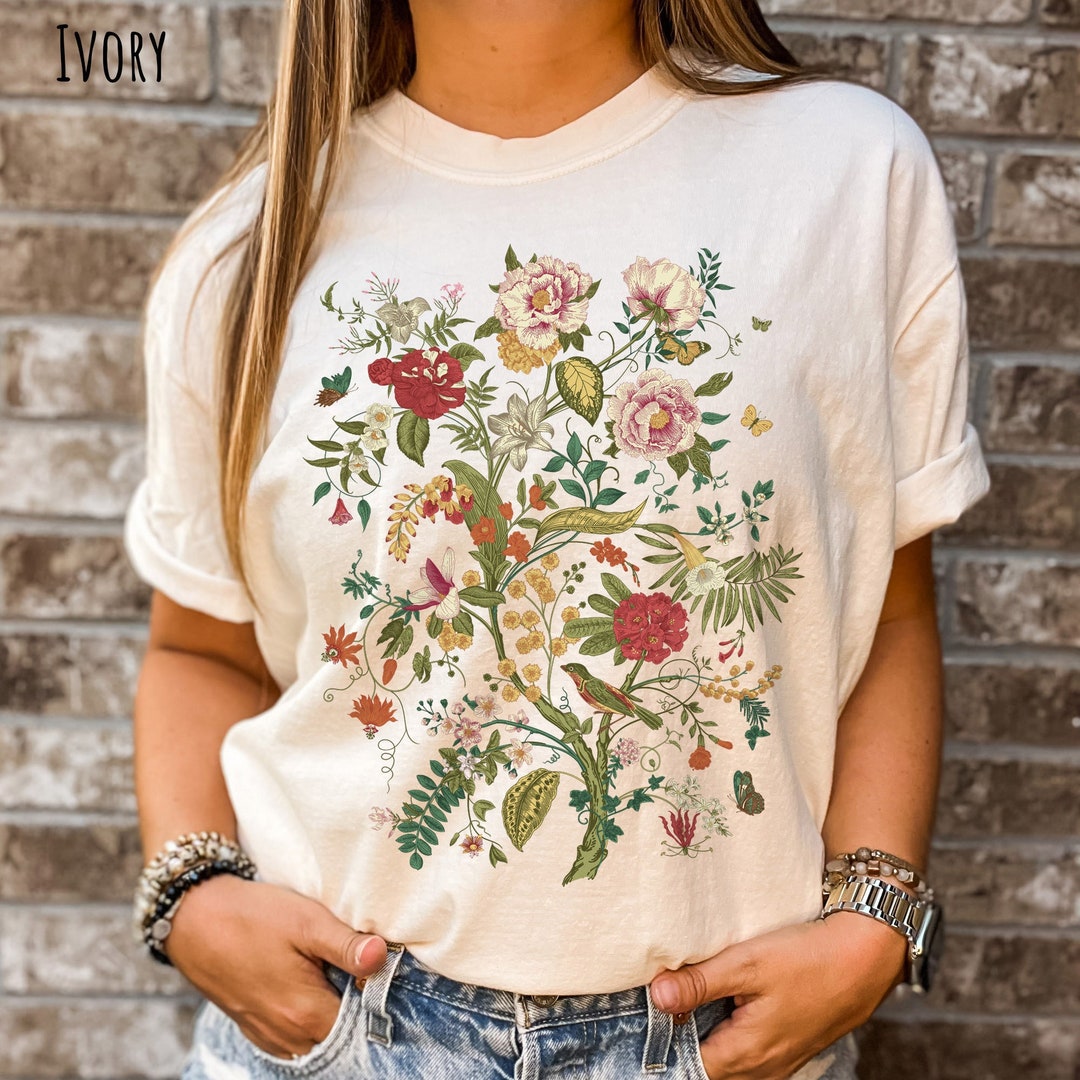 Vintage Flower Shirt, Bird Tshirt, Gift for Her, Gift for Mom, Nature ...
