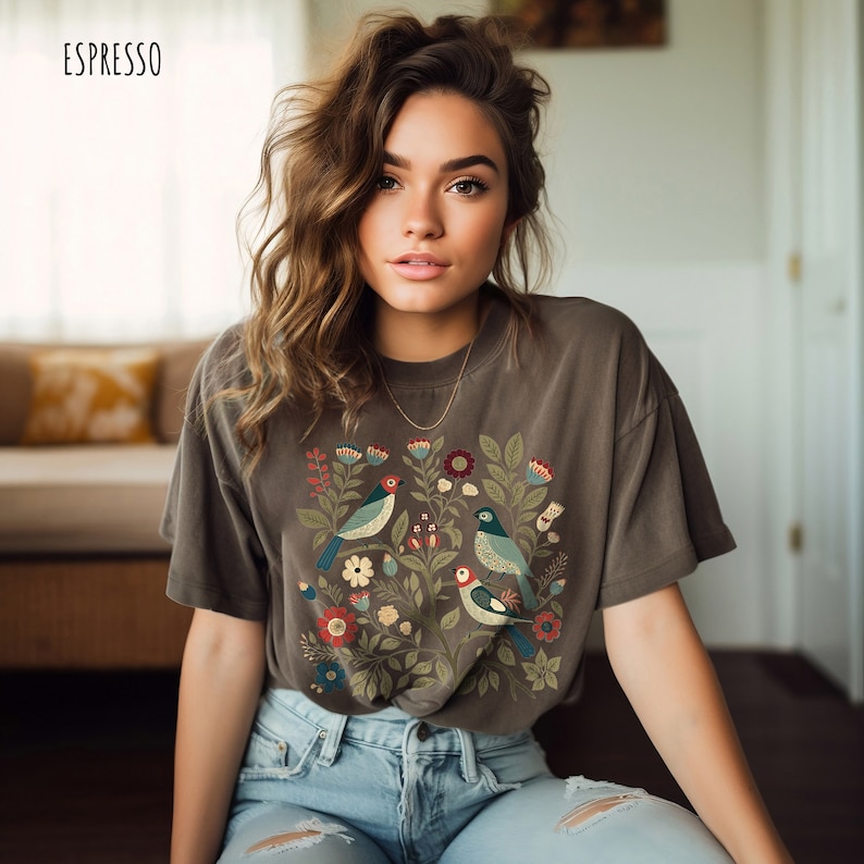 Cottagecore Birds and Flowers Shirt, Folk Art Scandi Art T Shirt, Plus ...