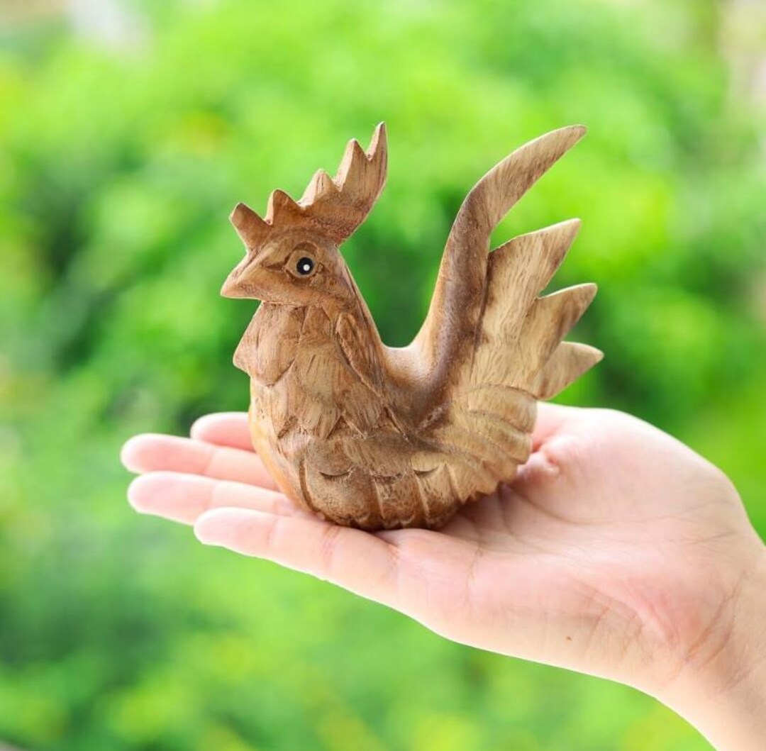 Hand-carved Wooden Rooster Statue – Rustic Good Luck Decor, Handmade ...