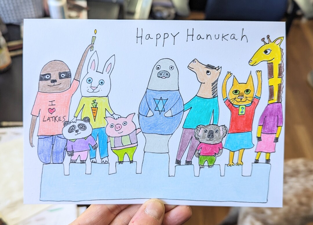 Happy Hanukah, Hanukkah Card, Cute Hanukah Card, Animal Hanukah Card - Etsy