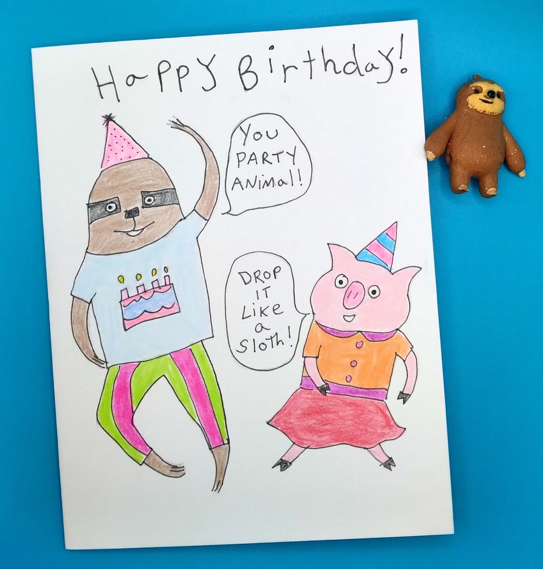 Birthday Card, Party Animal Card, Cute Birthday Card, Sloth Card - Etsy