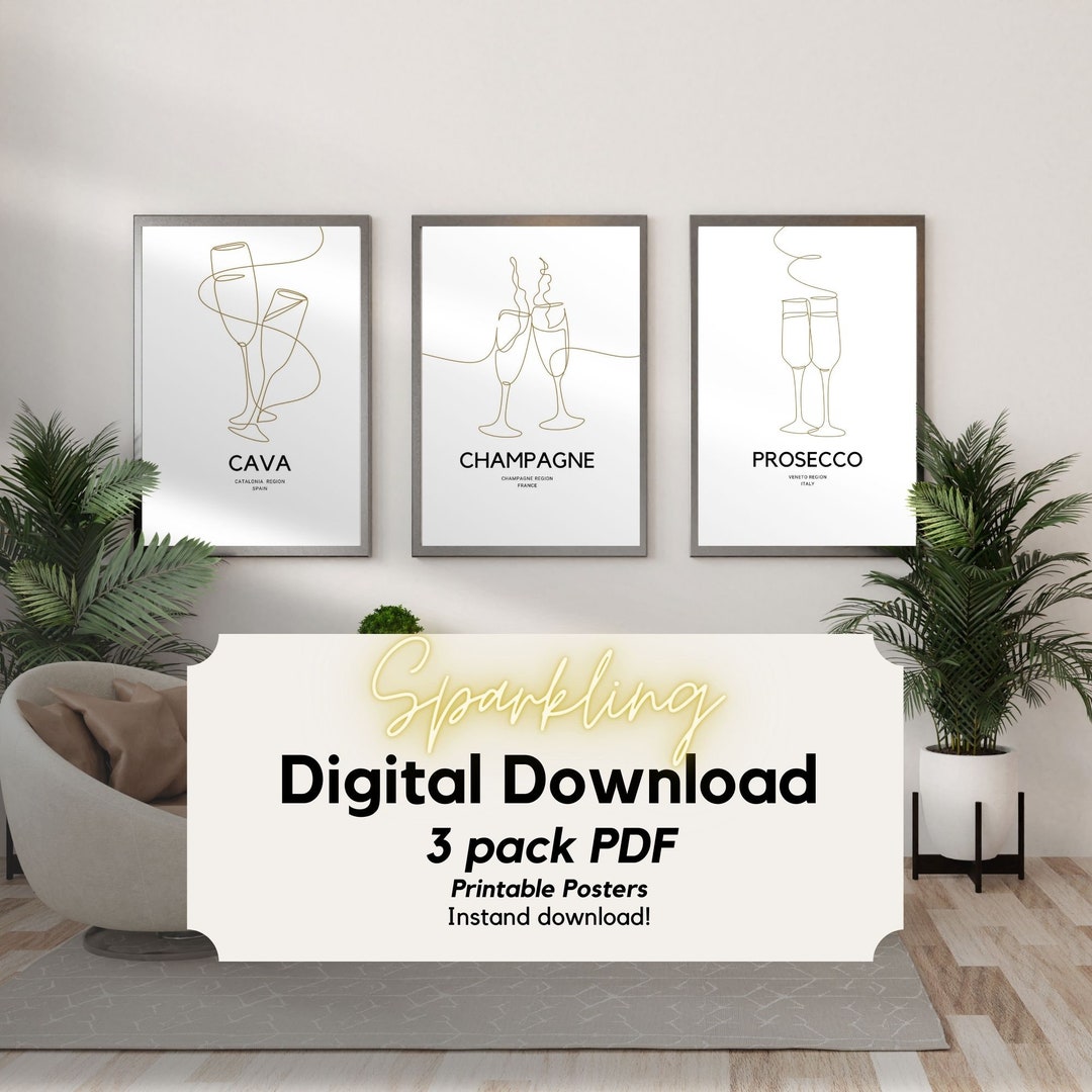 CHAMPAGNE POSTER, 3pack of Sparkling Wine Prints. Prosecco Cava ...