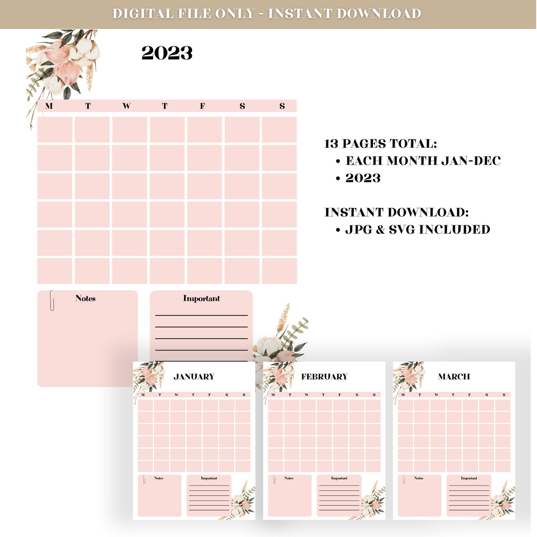 2023 + Jan-dec CALENDAR - INSTANT DOWNLOAD Svg File - Etsy