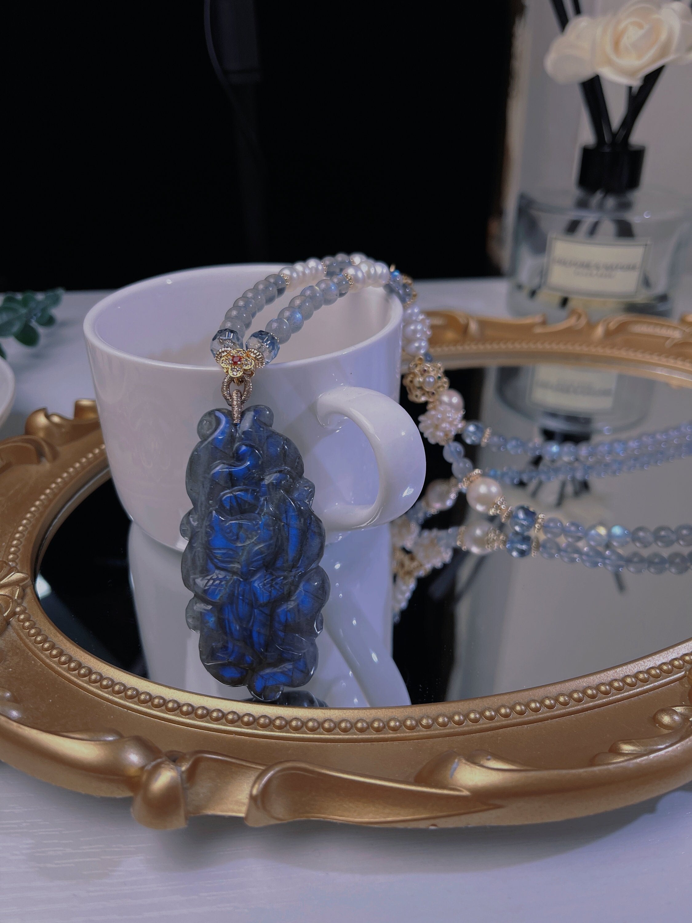 Rare Hand Carved Fox Pendant Necklace Labradorite Pearl Long Pendant ...