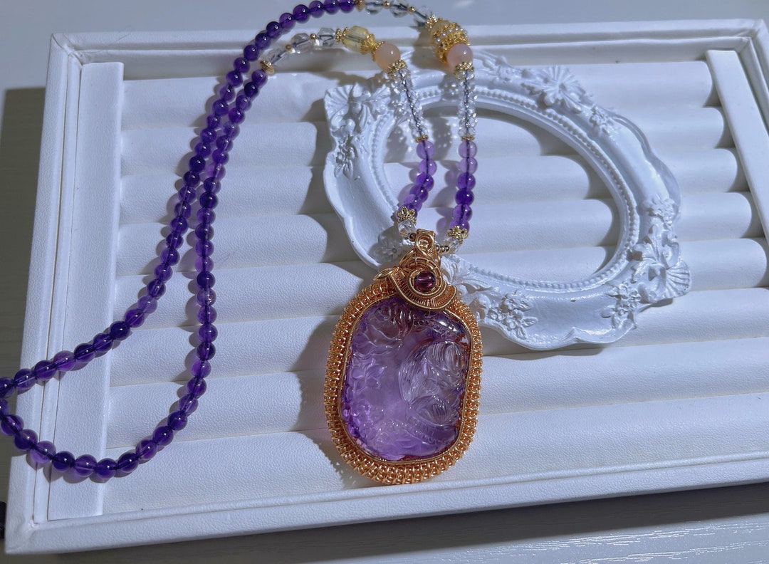 14K Gold Wired Natural Brazilian Amethyst Crystal Nine Fox Pendant ...