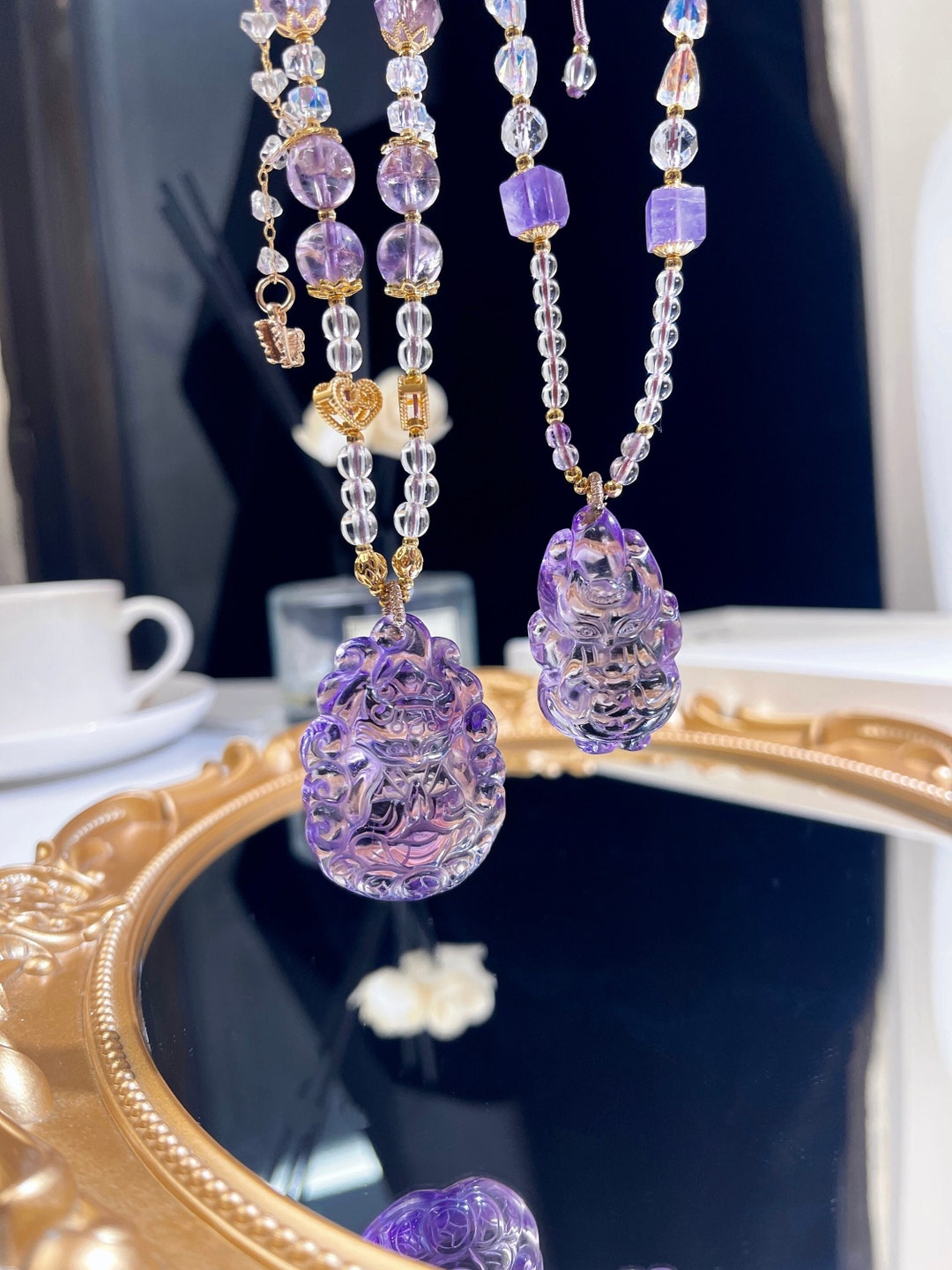 Amythest Mother Daughter Crystal Fox Pendant Necklace Natural Amethyst ...