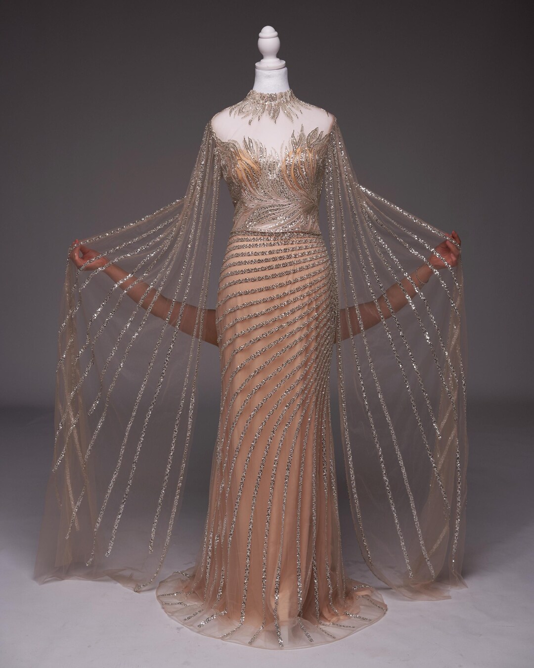 Handmade Caramel Mermaid Gown: Crystal Beaded Tulle Cape Dress - Etsy